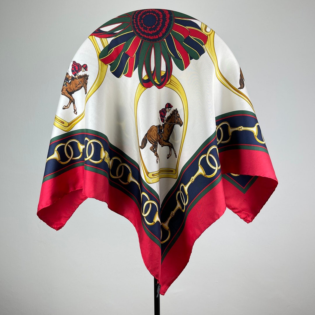 LONGCHAMP PARIS SCARF Jumping Horses Design Women Classic Silk Scarves ...