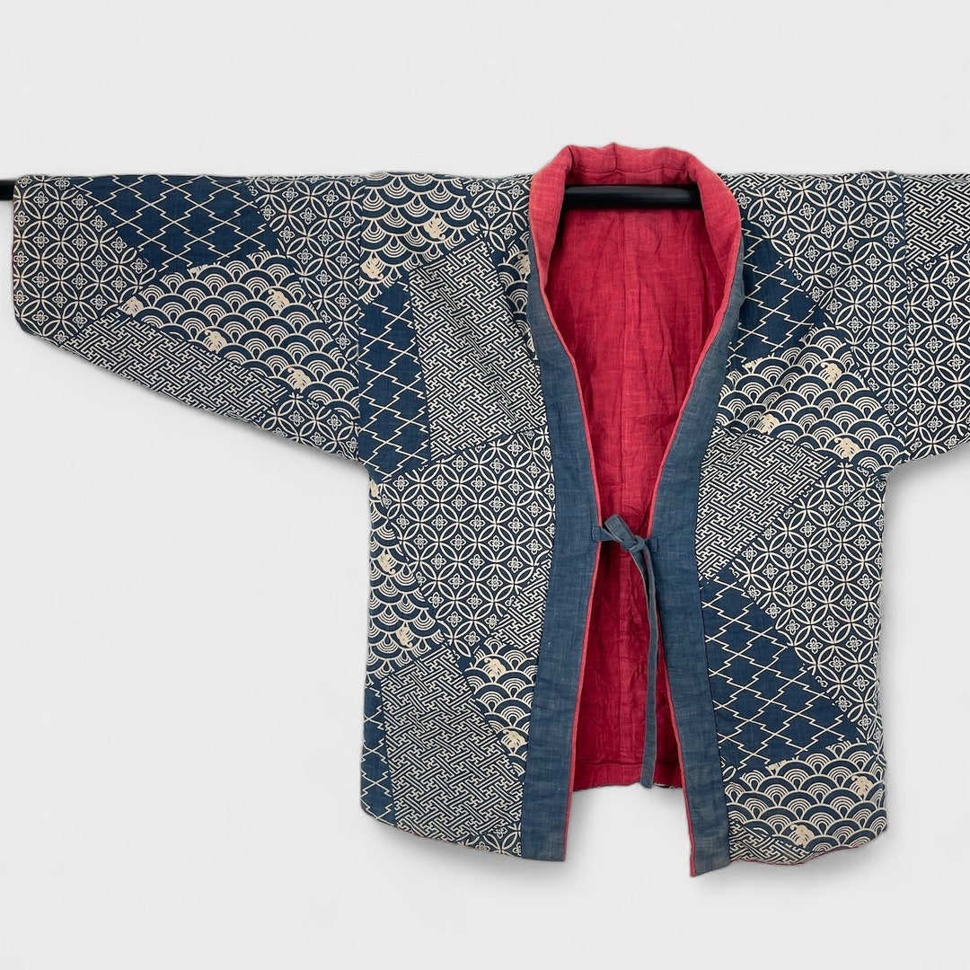 KIMONO NORAGI JAPANESE Vintage Hanten Blue Indigo Men Ninja Old Faded ...