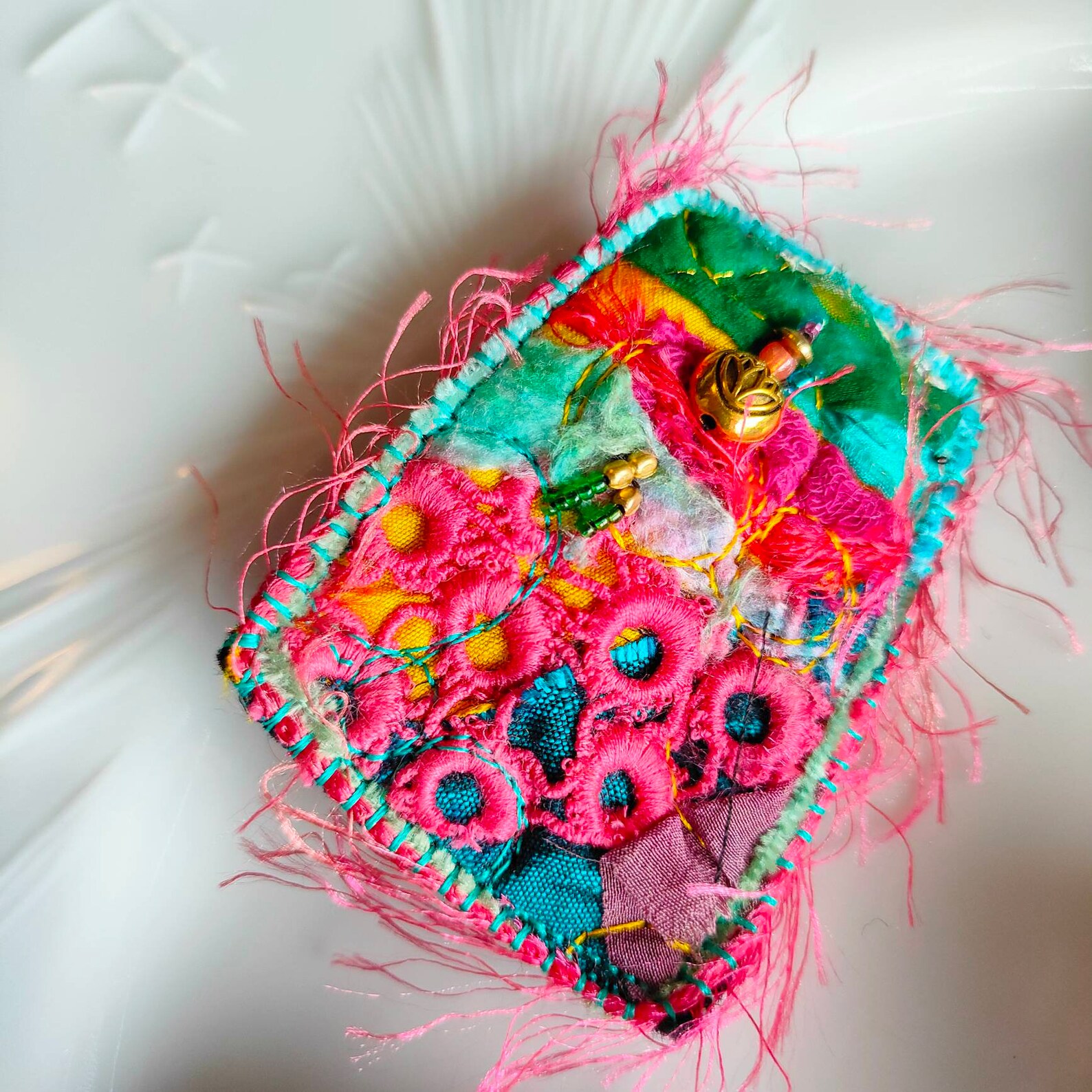 Brooch Embroidered Talisman Textile Art and Symbol, Silk, Lace, Moon ...