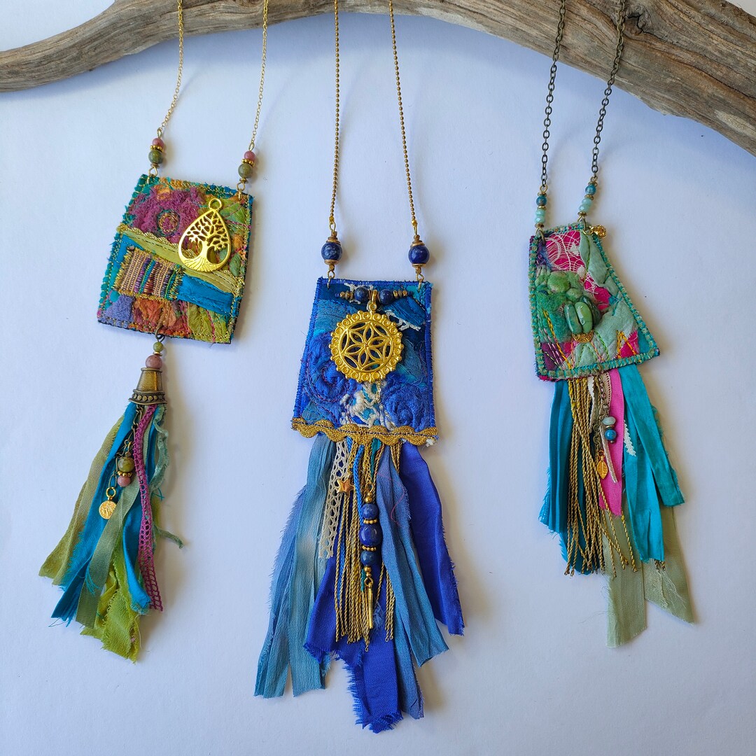 Textile Art Necklace, Silks, Lace and Natural Stones, Textile Jewel - Etsy