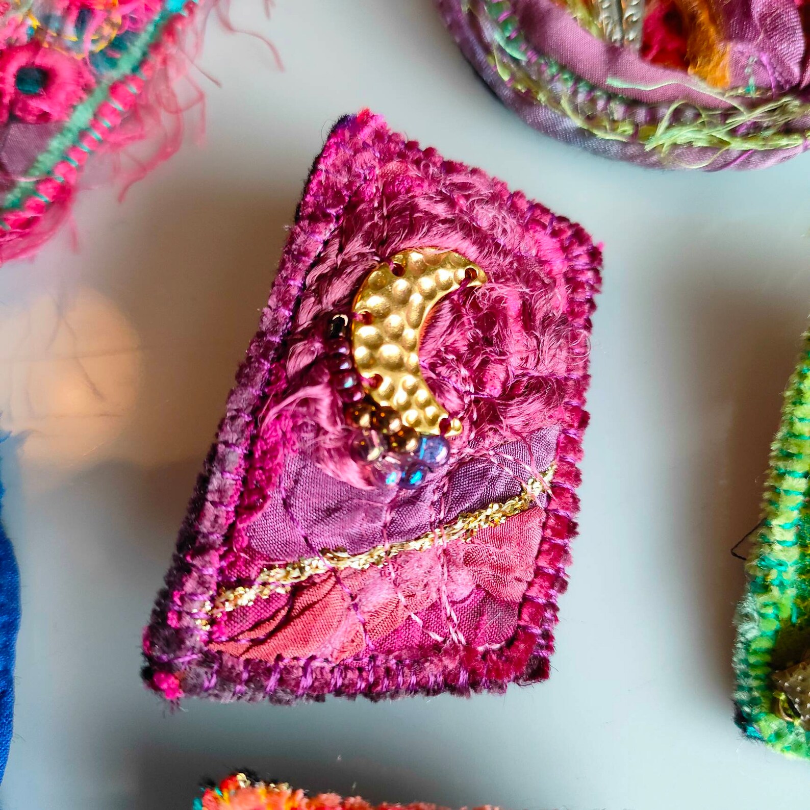 Brooch Embroidered Talisman Textile Art and Symbol, Silk, Lace, Moon ...