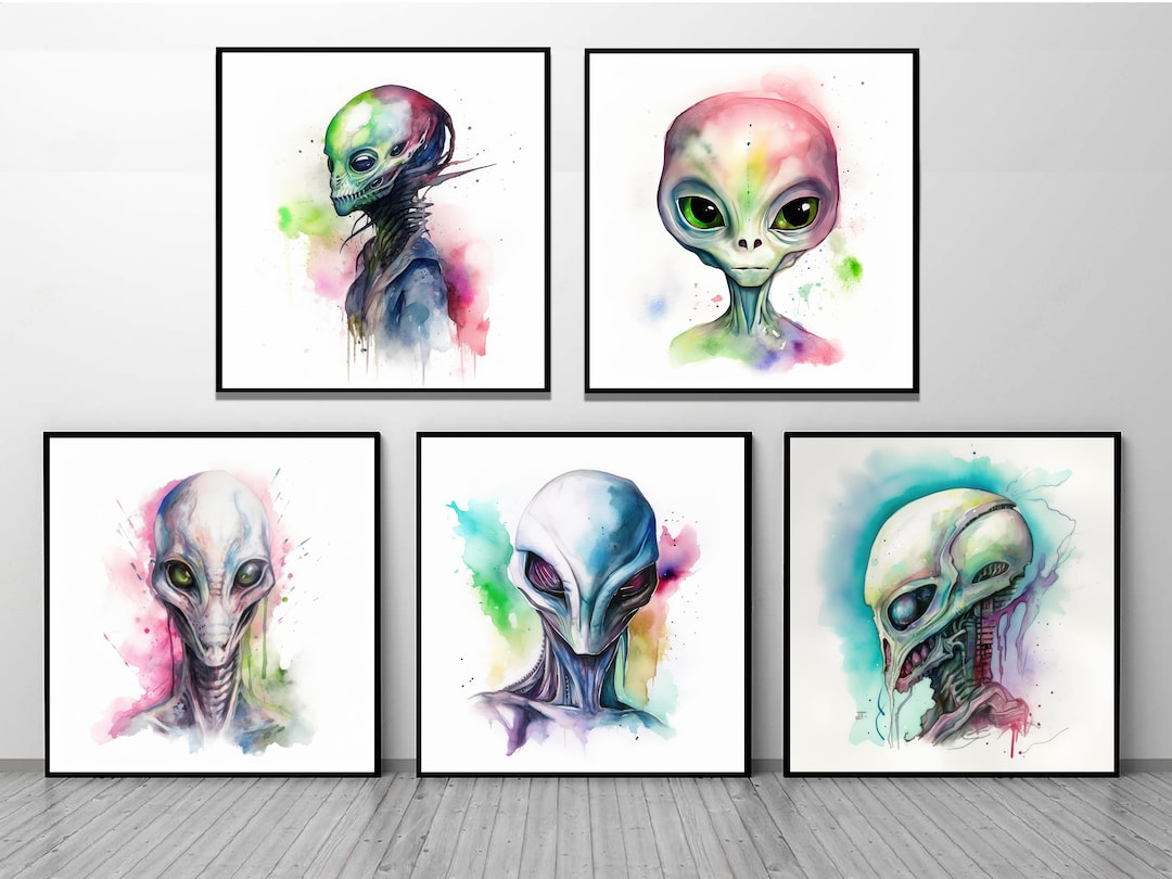Watercolor Alien Set of 5 Prints .PNG, Wall Art Prints Decor, Digital ...