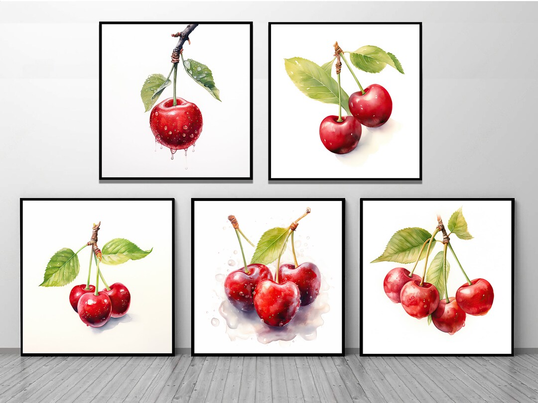 Watercolor Cherry Set of 5 Prints, Wall Art Decor Prints, Digital ...