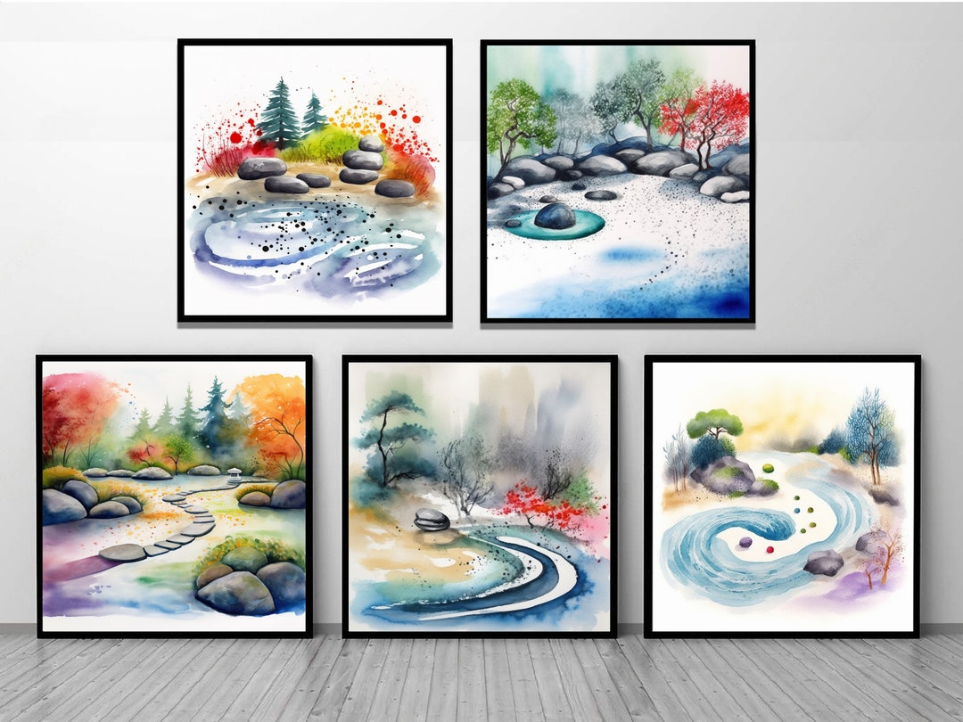 Zen Garden Set of 5 Prints, Watercolor Digital Wall Art, Instant ...