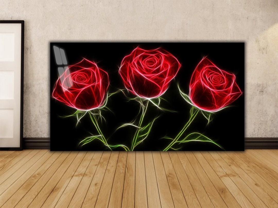 Neon Red Roses Black Acrylic Wall Decor Art Print Neon Backlit USB 12V ...