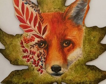 Fox on Wood Mapel Leaf. - Etsy