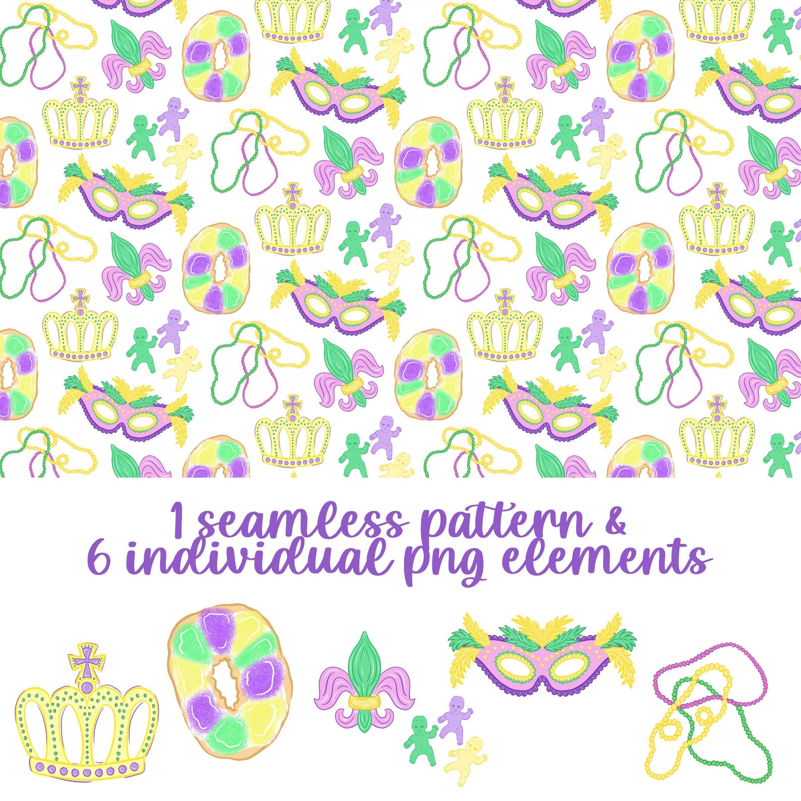 Mardi Gras Clip Art Set and Seamless Half Drop Pattern - Etsy