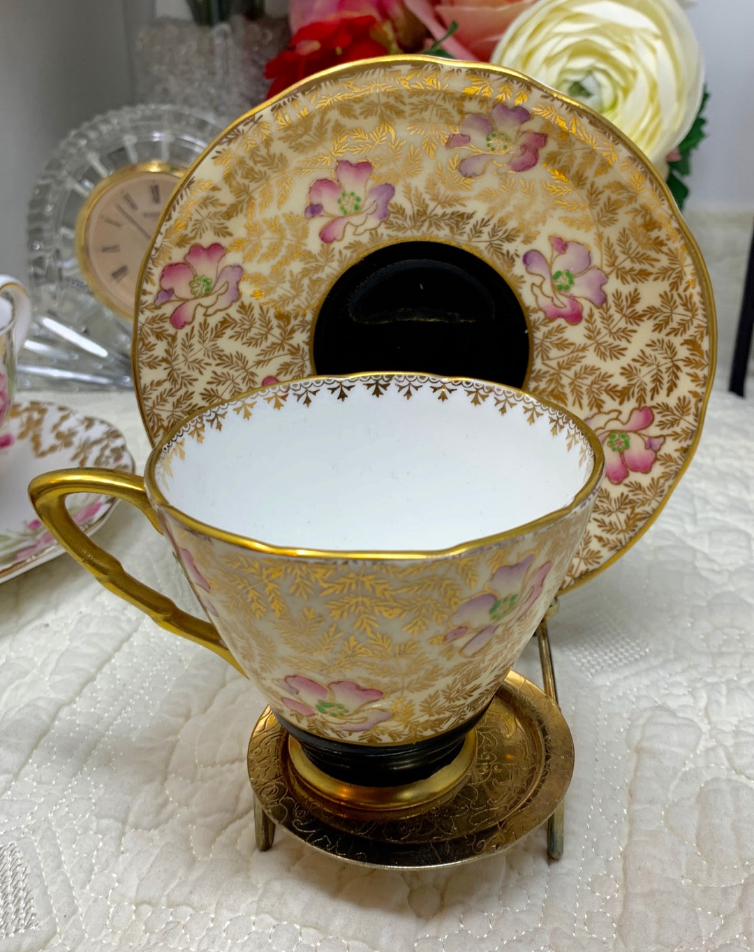 Royal Stafford Bone China Chintz Cup and Saucer, Pink Flowers Gilded ...