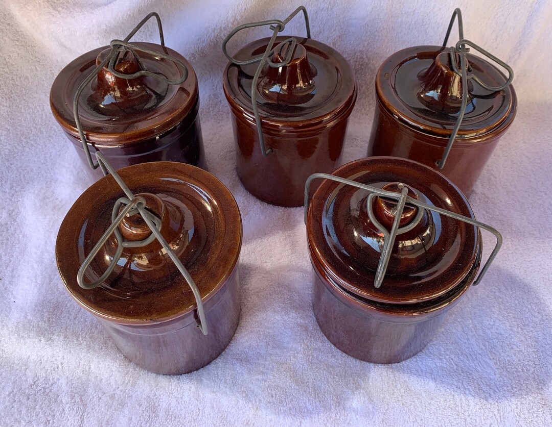 Vintage Stoneware Weir Seal Canister Crock , Brown Stoneware Container Wire Bale & Latch Lock ...