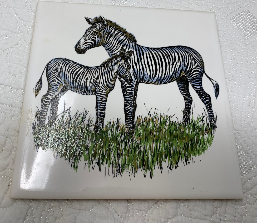 Vintage Screen Craft Hand Decorated Tile, Ceramic Zebra and Colt ...