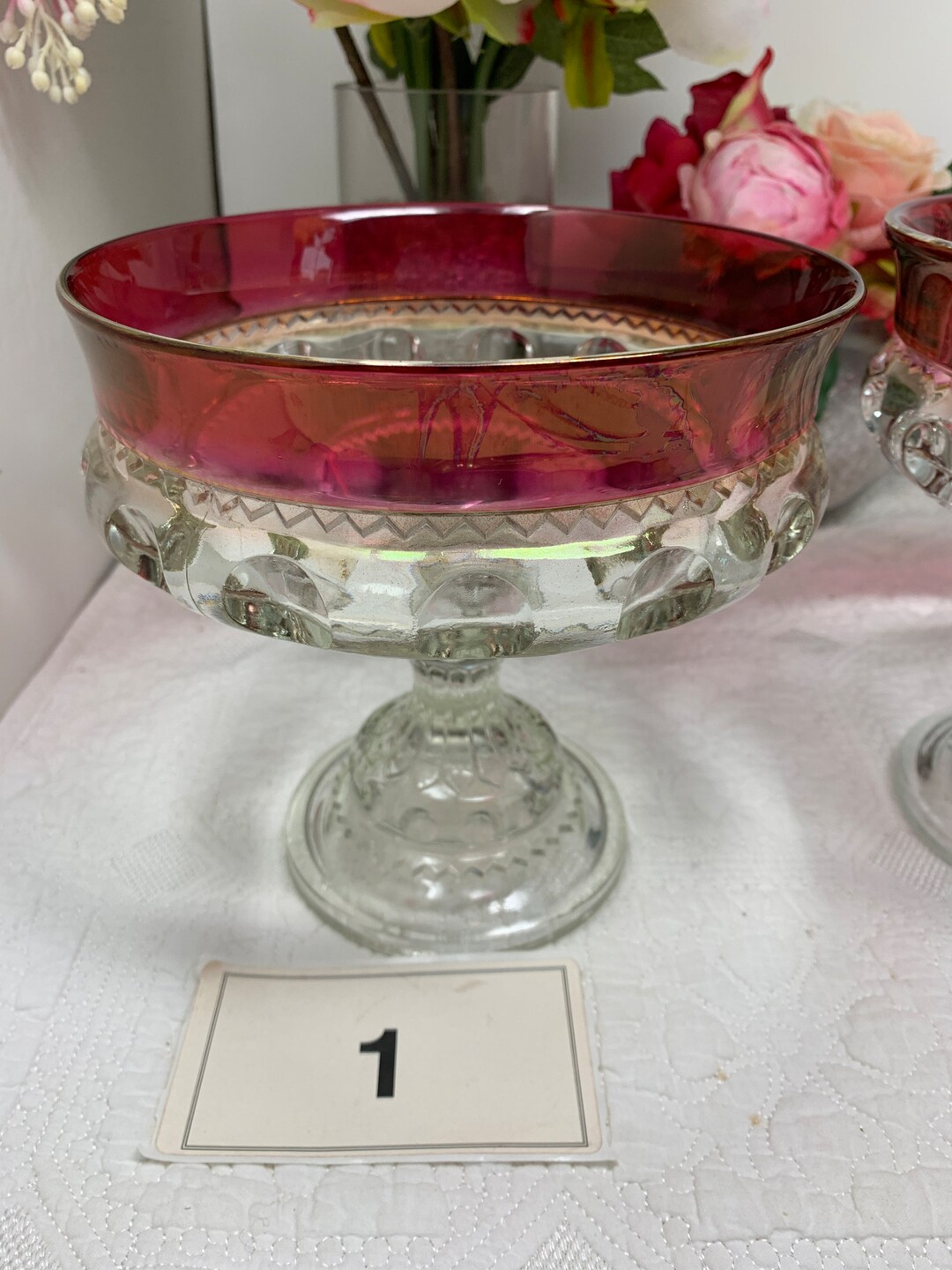 Open Compote Fruit Centre Dish, Ruby Stained Flashed Glassware, Kings ...