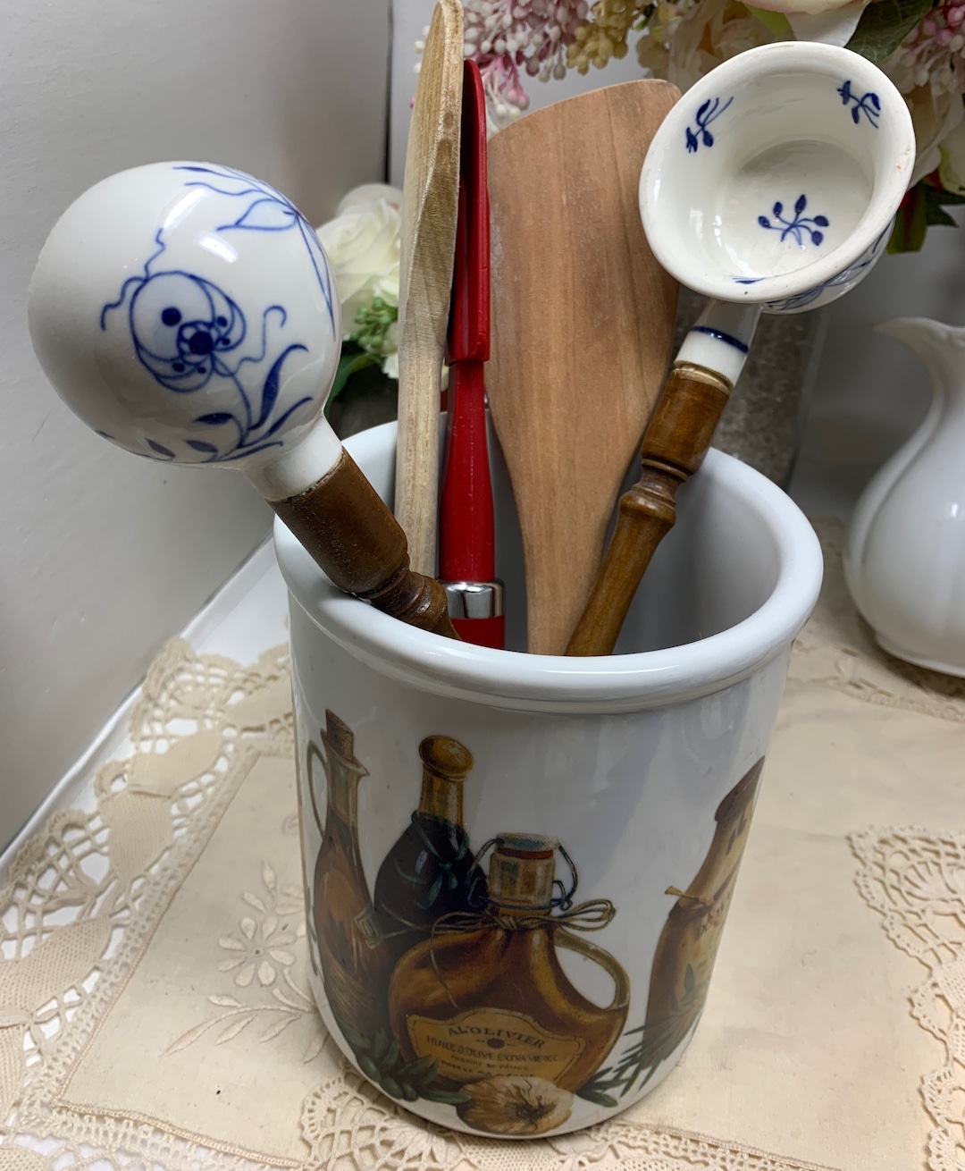 Tuscan Kitchen Ceramic Crock Kitchen Counter Crock Utensil Holder Wine ...