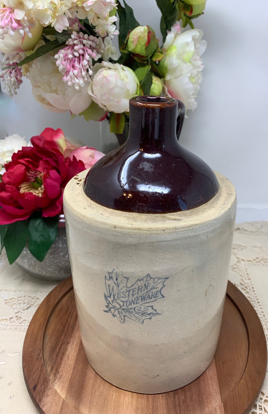 Western Stoneware Crock Jug, Primitive Western Stoneware Whiskey ...