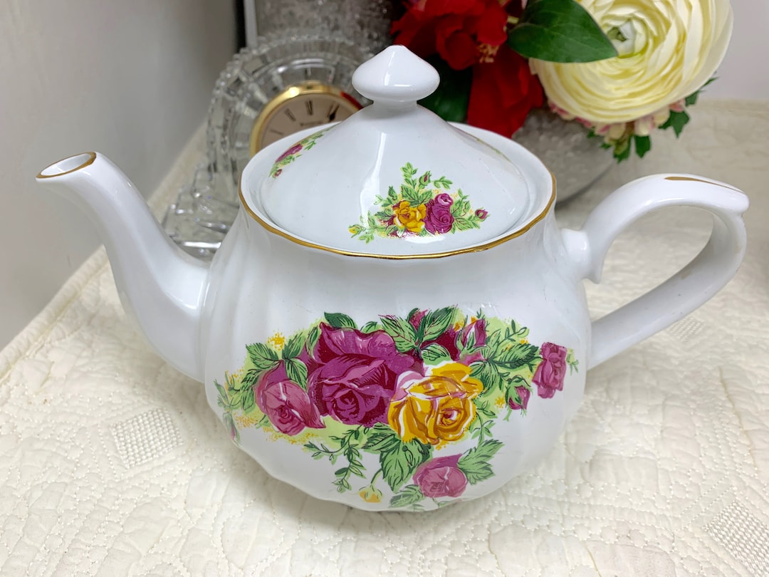 English Rose Teapot by Regent China, Pink and Yellow Rose Motif Swirled ...