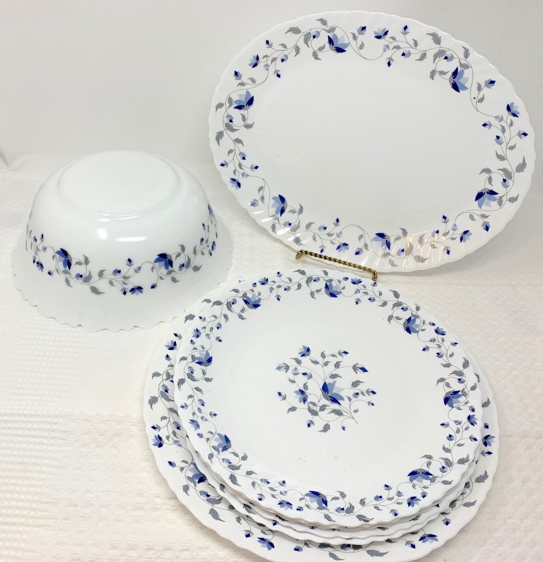 Gorgeous Blues and Grey Scrolling Floral Pattern on White Ground, R.A.K ...