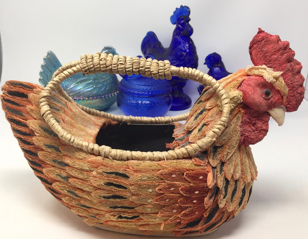 Vintage Folk Art Rooster Basket, Folk Art Paper and Wicker Basket ...