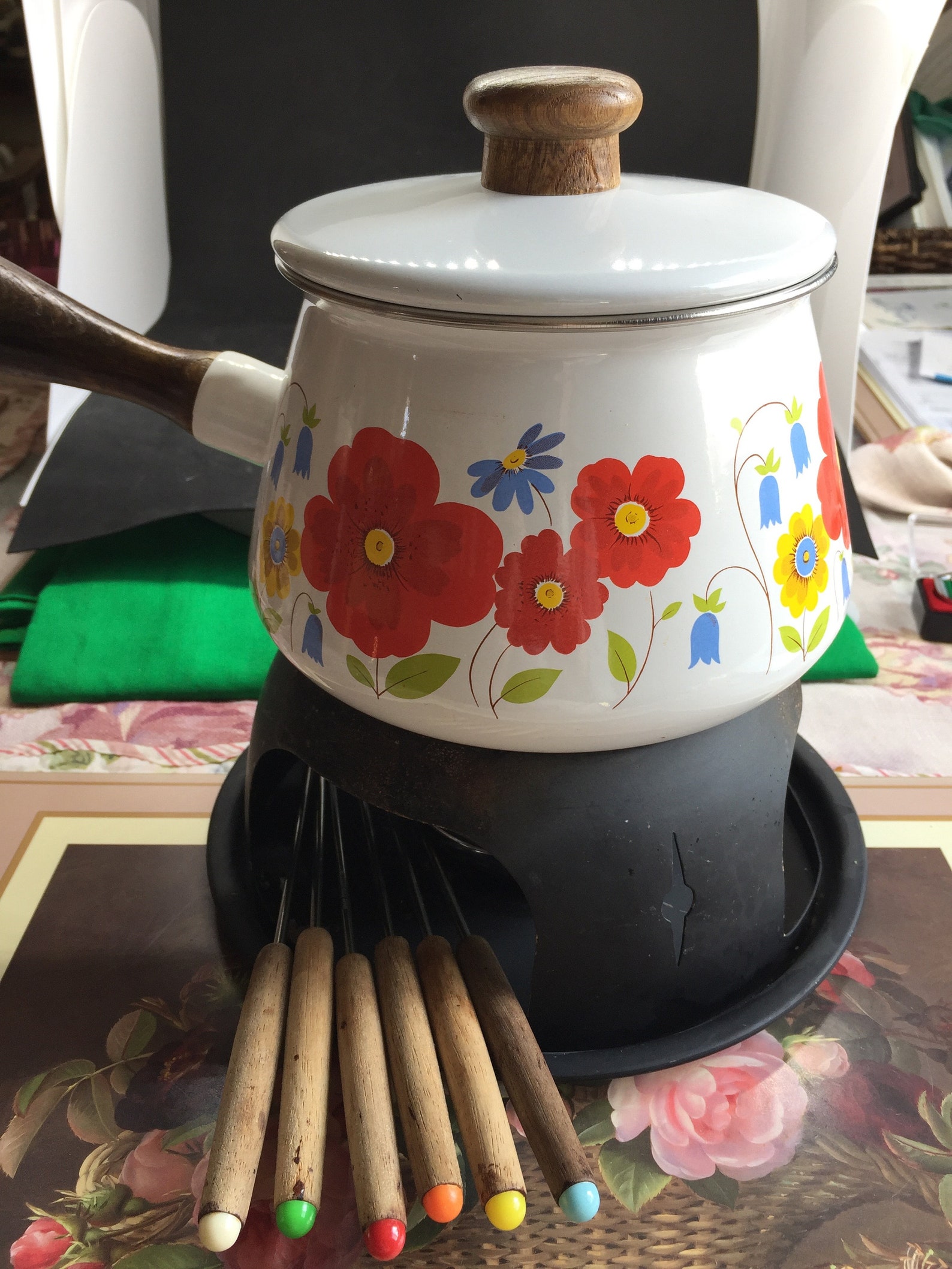 Vintage 1970s Retro Enamelled Fondue Pot, With Six Original Forks and ...