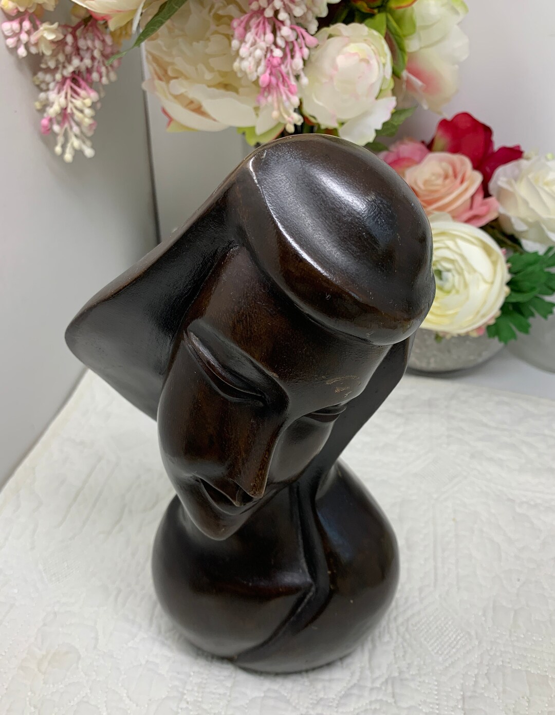 Carved Wood Female Figure Statue Bust, Organic Repose Art Deco Styling ...