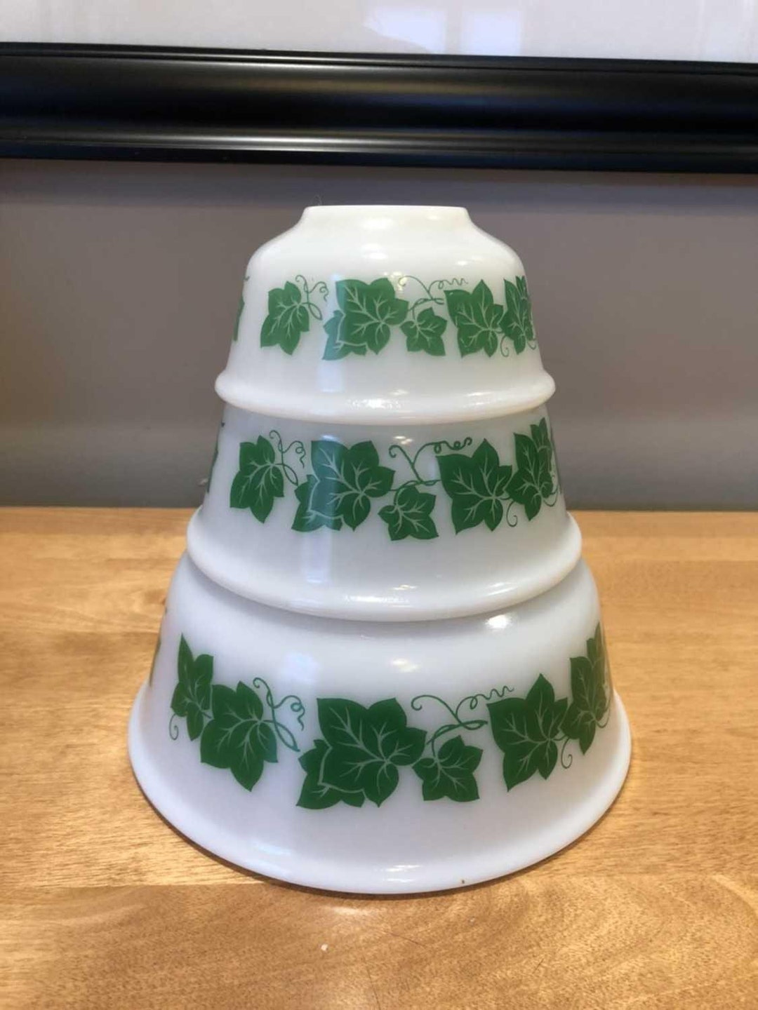 3 Hazel Atlas Green Ivy Bowls, Milk Glass Nesting Bowl Set, 195os ...