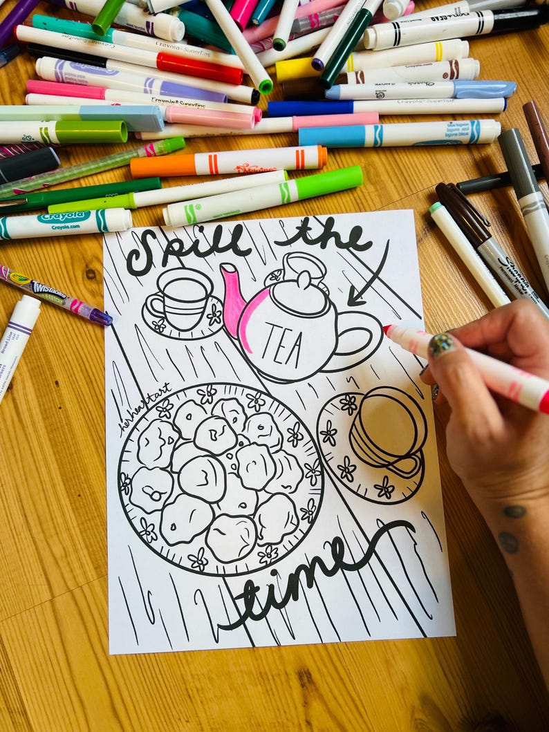 Spill the Tea Time Coloring Page | Printable Tea Party Coloring Sheet ...