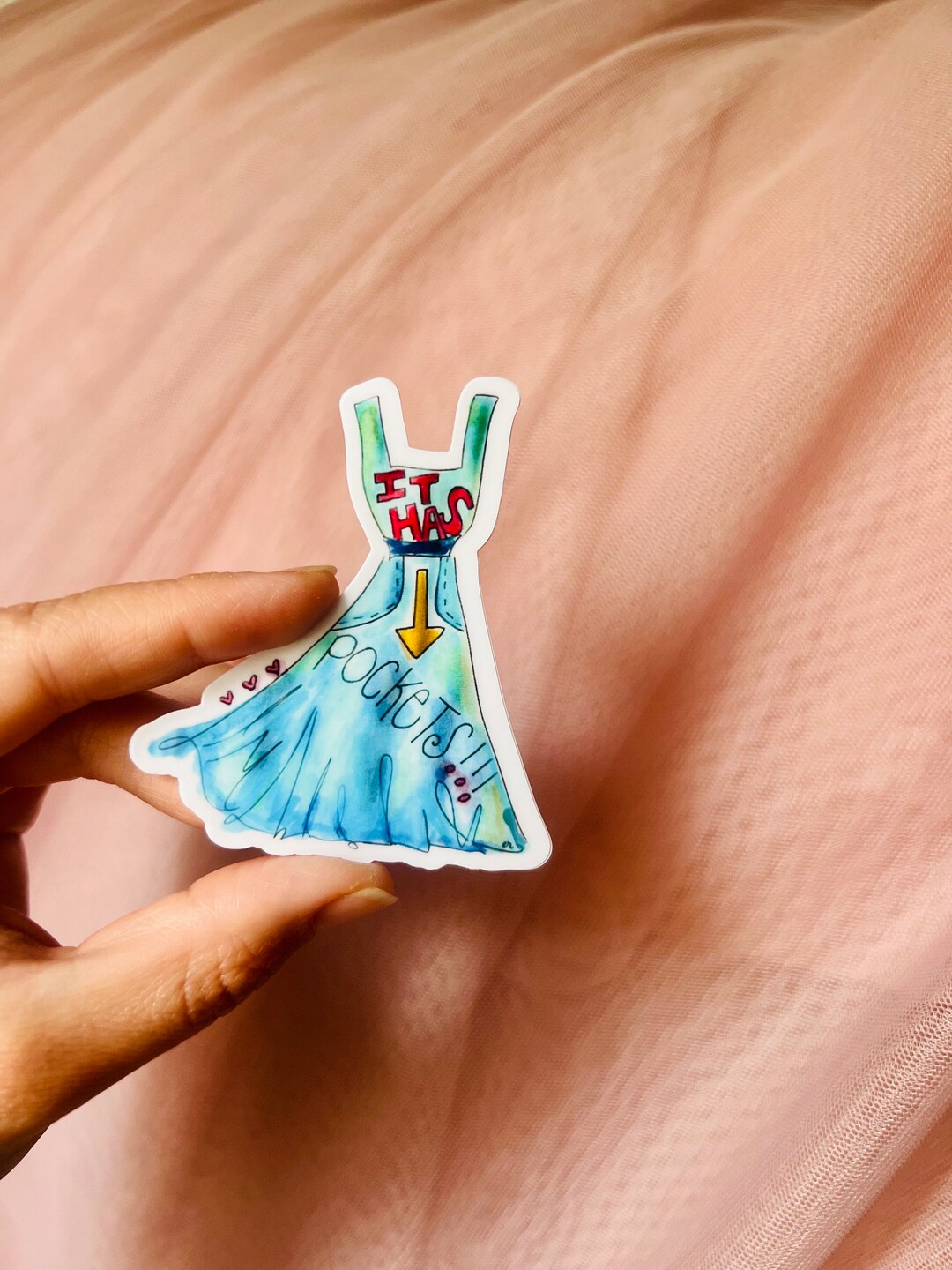 It Has Pockets Sticker, Cute Hand Drawn Blue Dress Vinyl Sticker, Funny ...