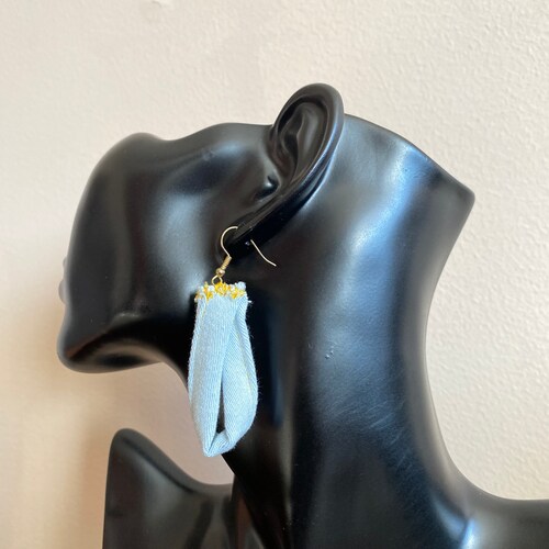 Recycled Denim Fringe Earrings on Leather - Etsy