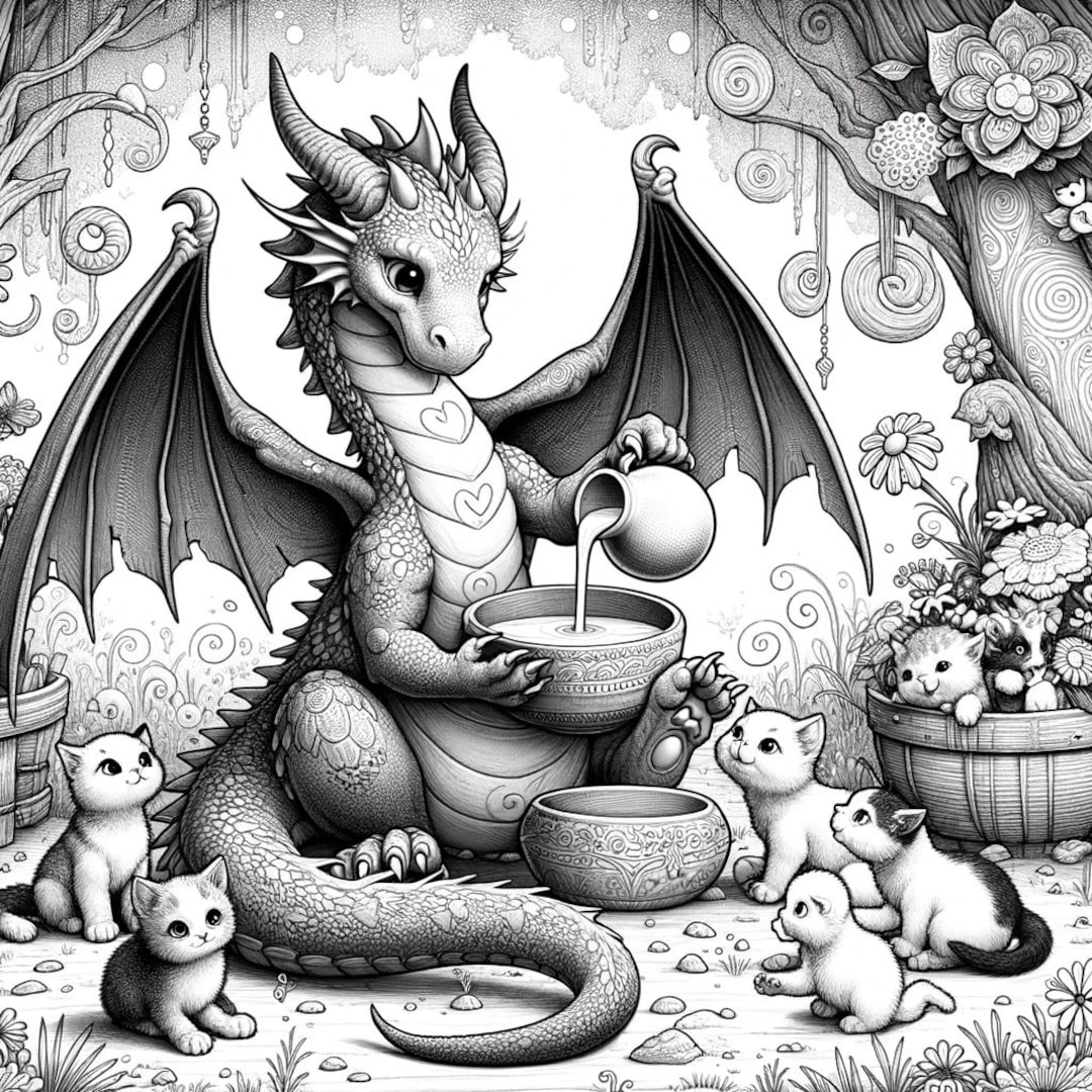 Dragons and Kitty Cats Coloring: 26-page Downloadable Digital Art ...