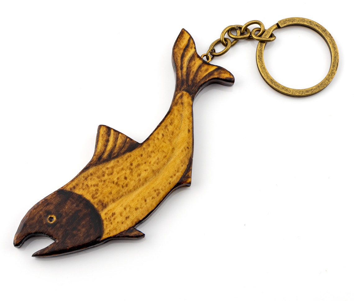 Trout Salmon Wooden Keychain, Handmade Pyrography Goldfish Sunfish ...