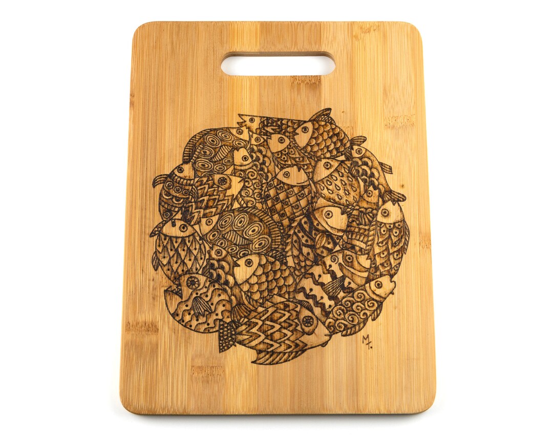 Handmade Woodburned Fish Bamboo Cutting Board: Pyrography Art - Etsy