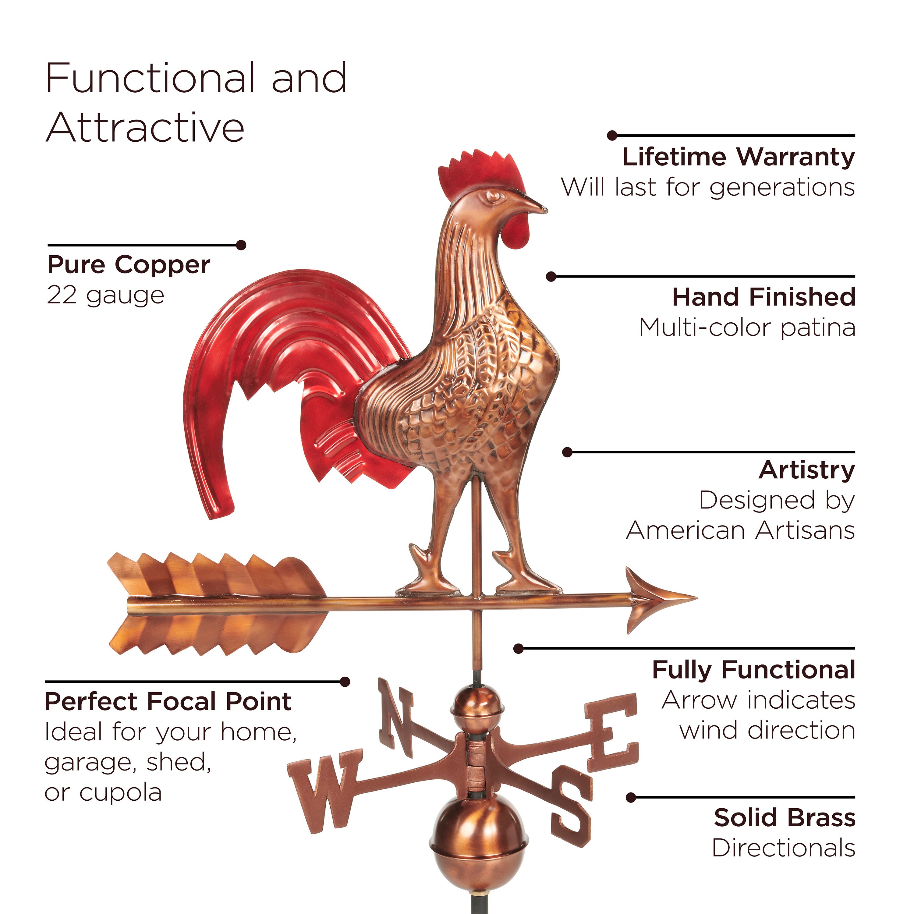 Rooster Weathervane Pure Copper Hand Finished Multi-color | Etsy