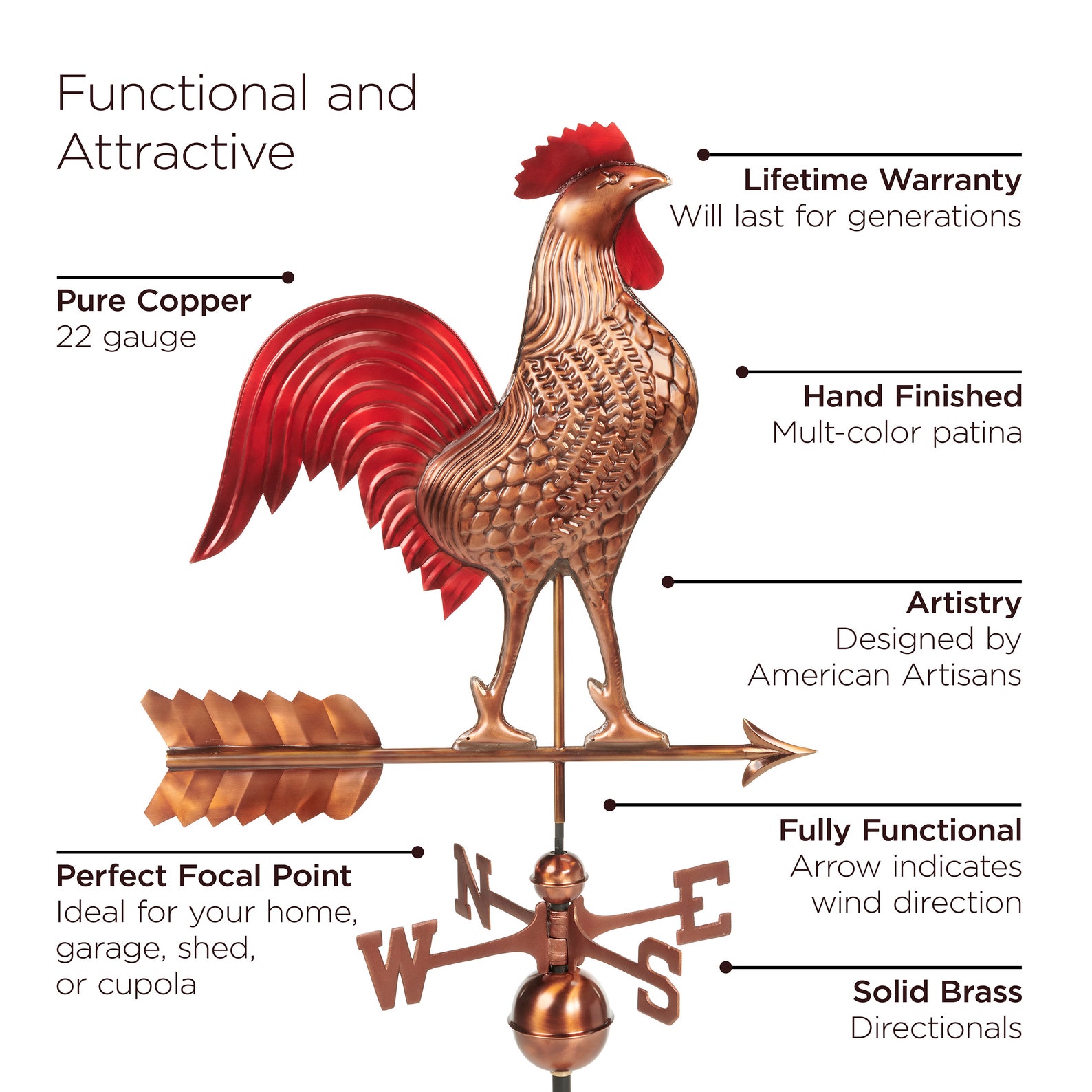 Large Rooster Weathervane Pure Copper Hand Finished - Etsy