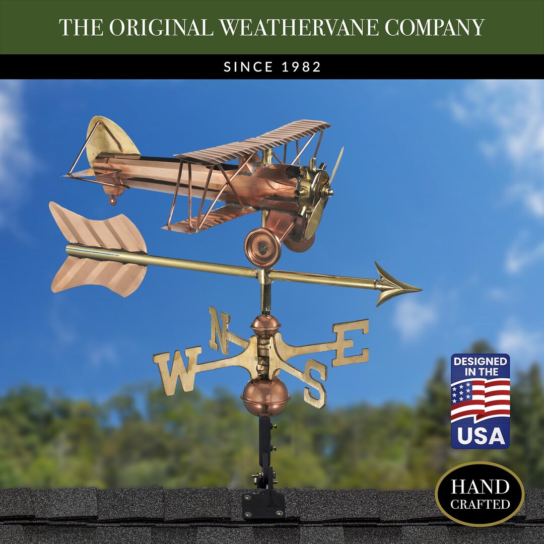Biplane With Arrow Weathervane - Pure Copper With a Roof Mount or ...