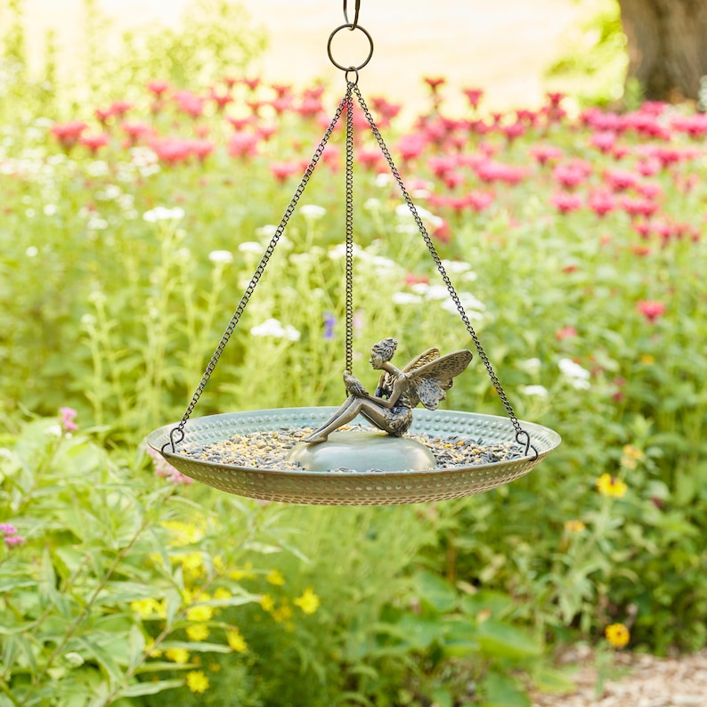 18" Hanging Blue Verde Copper Bird Bath With Fairy Statue - Etsy