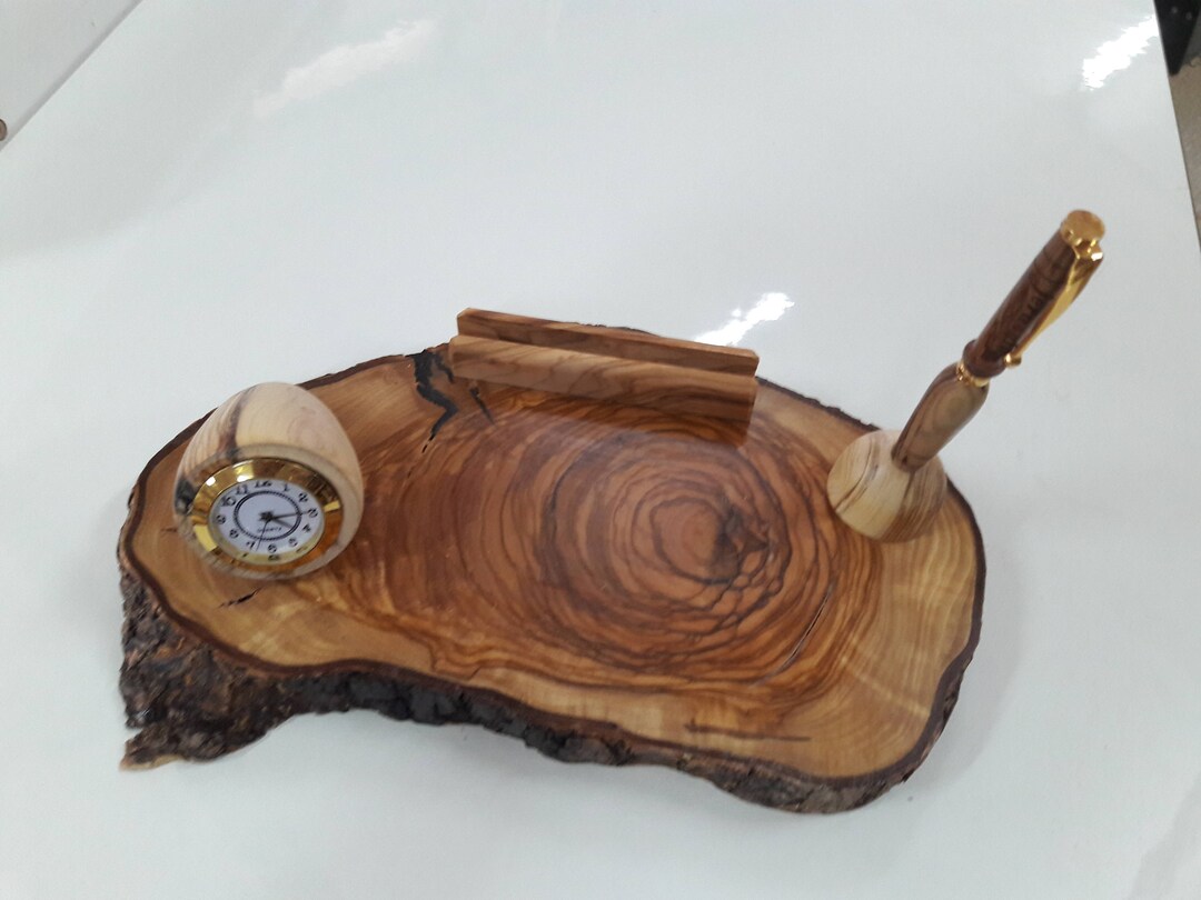 Handcrafted Office Tray, Olive Wood Pen Holder, Inlaid Watch, Business ...