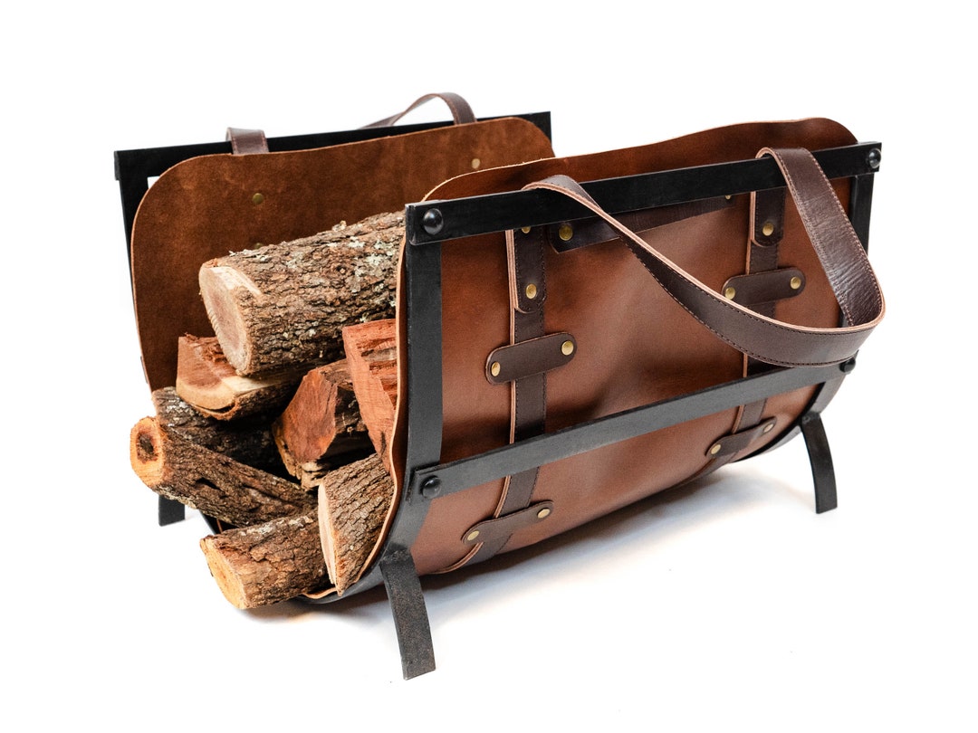 Full Grain Leather Wood Log Carrier With Iron Support - Etsy