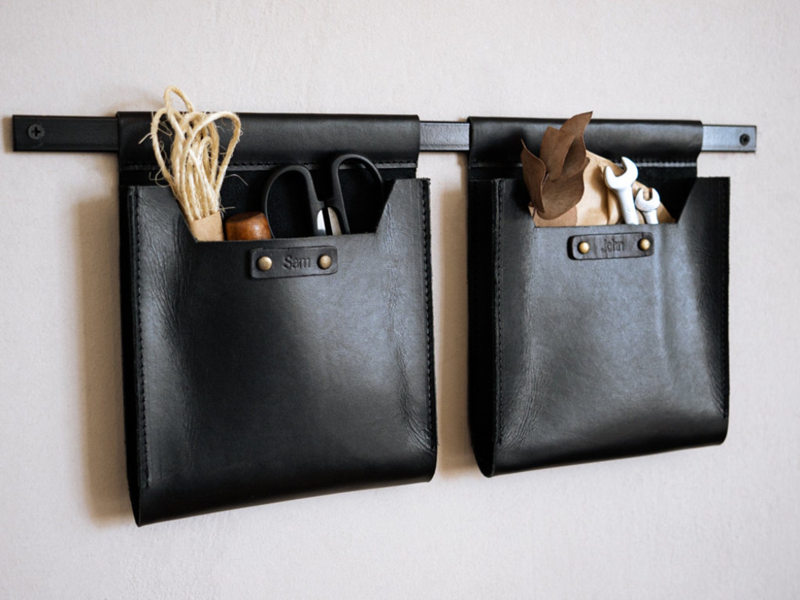Small Leather Wall Pockets Organizer, Hanging Leather Organizer ...