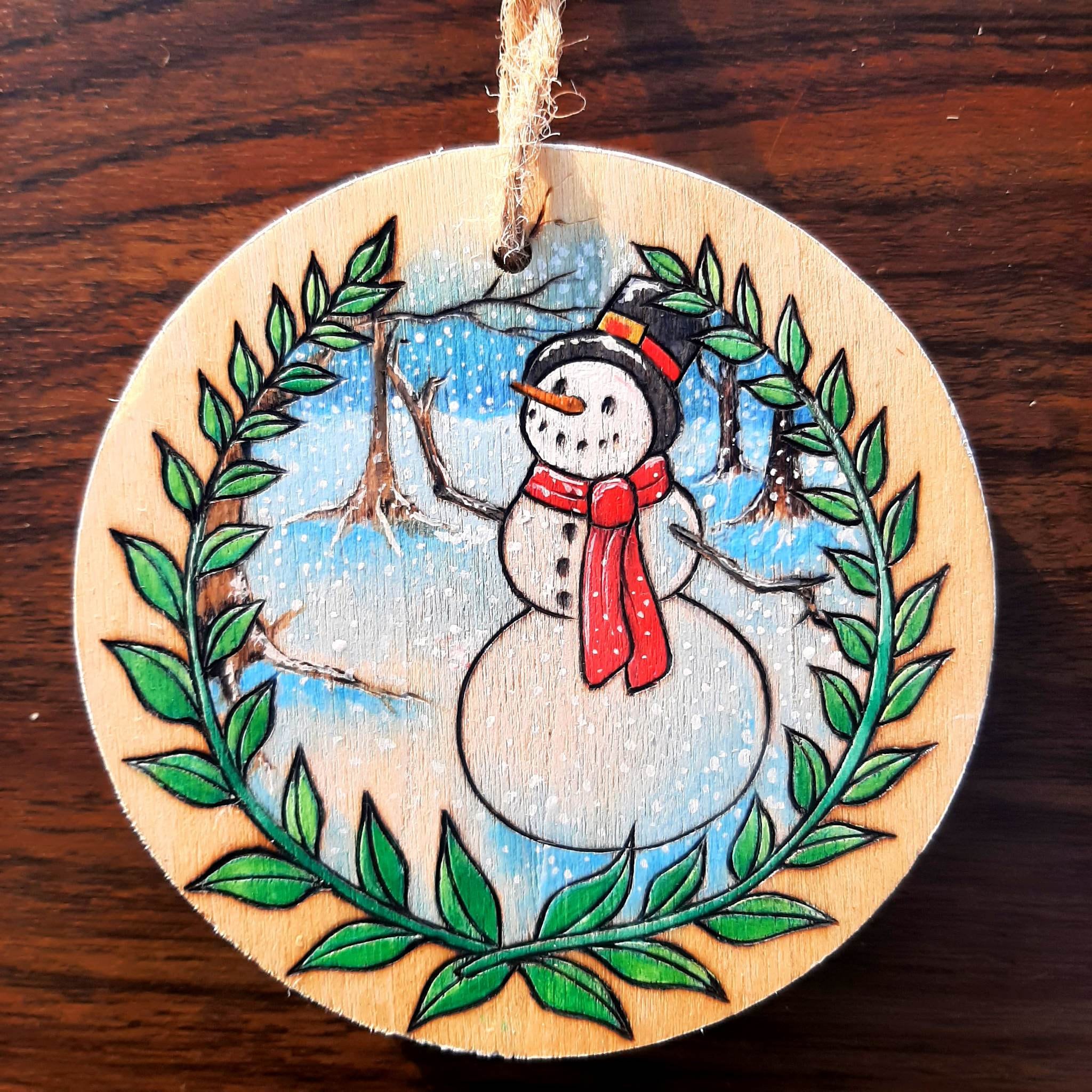 Snowman's Winter Wonderland Circular Holiday Ornament Pyrography on ...