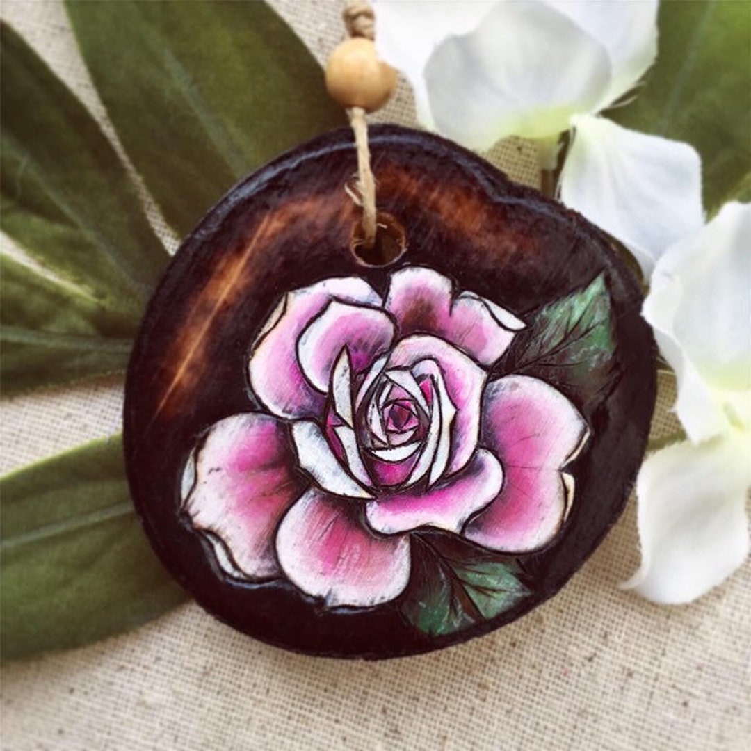 Wildflower Woodland Pyrography Ornament Hand Painted Rose Flower ...