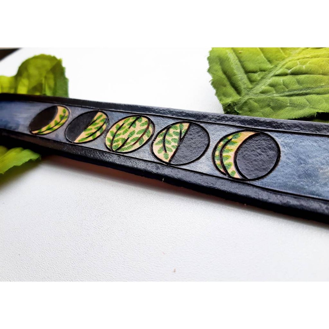 Greenery Moon Phase Veg-tan Leather Cuff Bracelet | Pyrography and ...