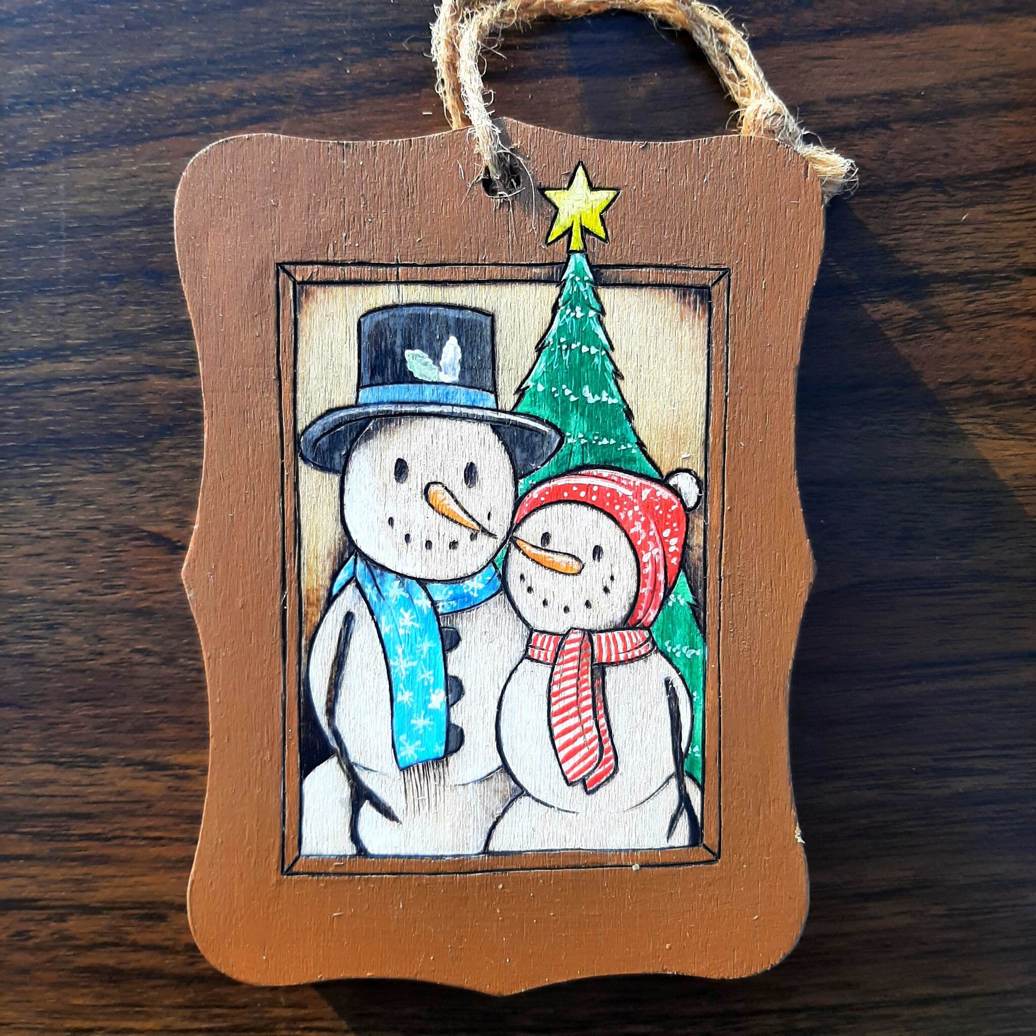 Snowman Family Portrait Frame Holiday Ornament Pyrography on Wood ...