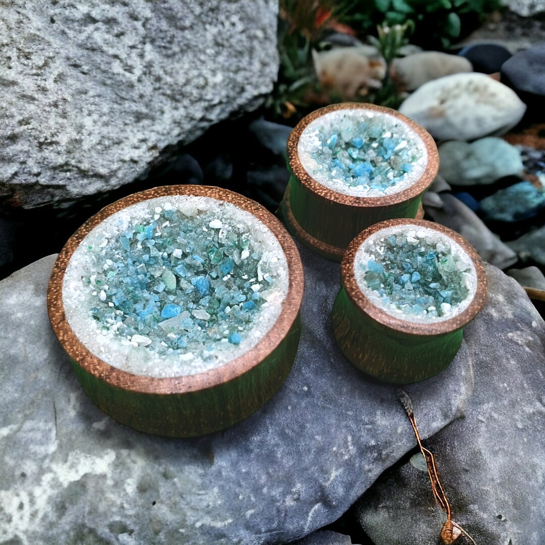 Geode Custom Wood Gauge, Teal Geode Custom Crystal Plugs, Real Stone ...