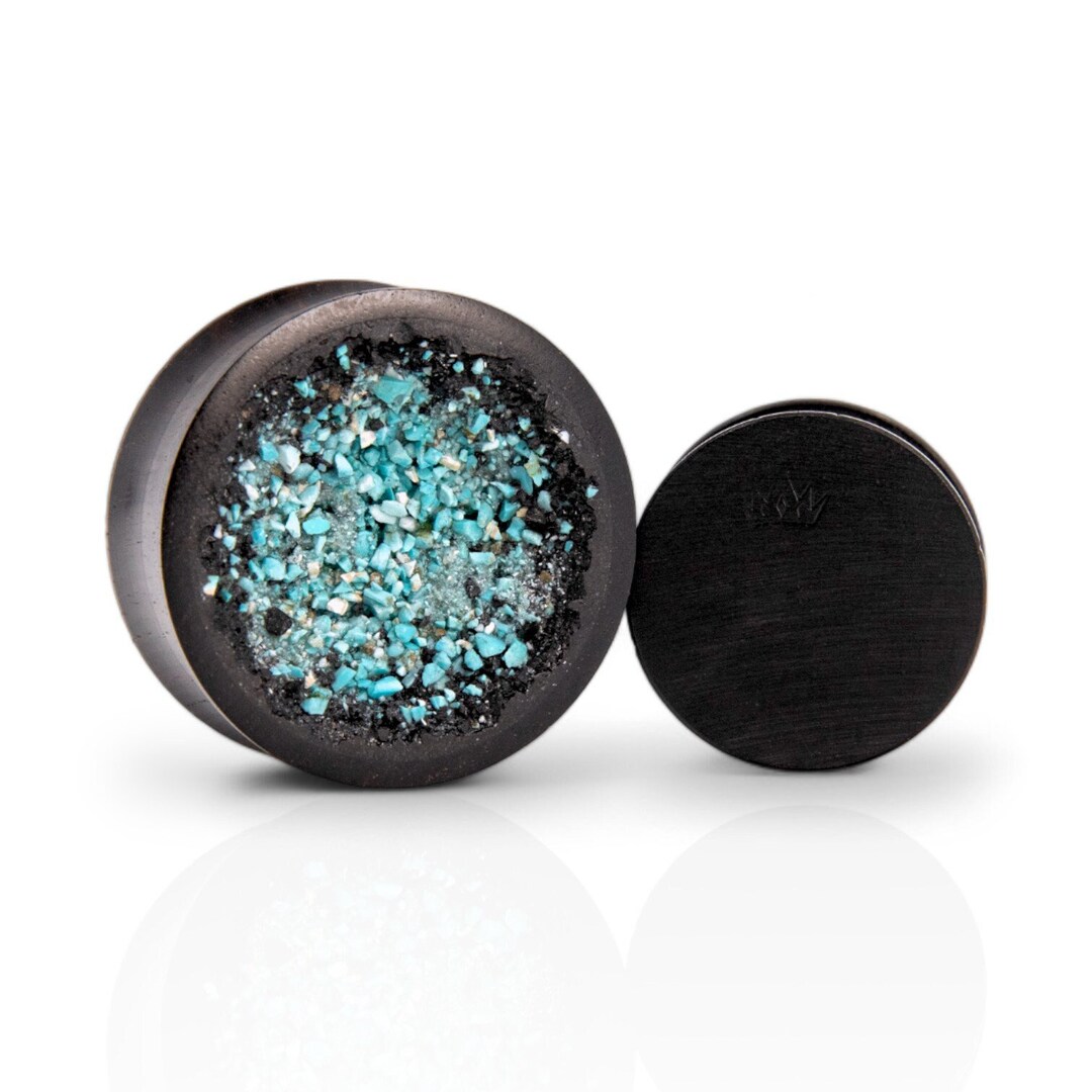 Turquoise Black Ebony Plugs, Geode Custom Wooden Plug, Real Stone Plugs ...