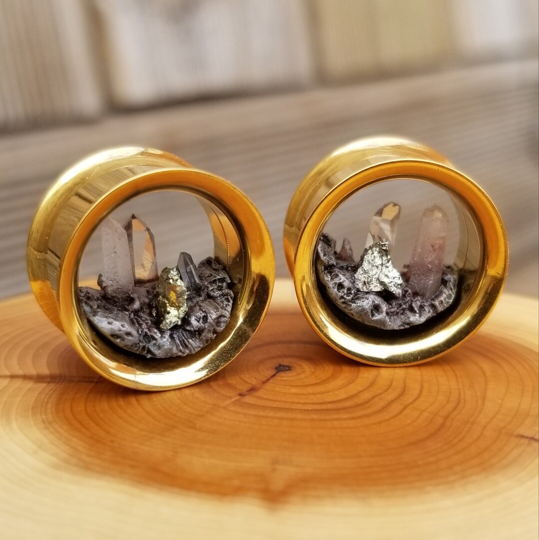16mm Gold Unique Gauges, Crystal Custom Plugs, Custom Gauge PAIR, Steel Plugs, Threaded Plugs ...