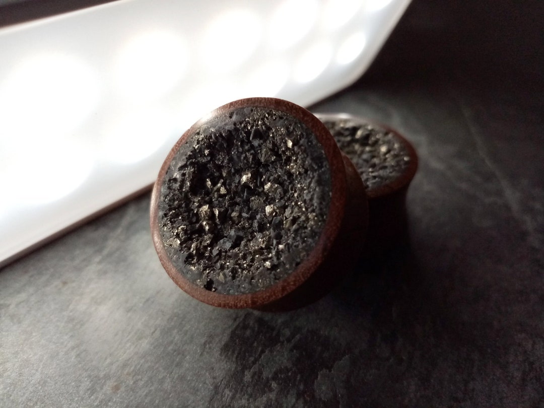 Pyrite Gauges Obsidian Wood Plugs, Geode Custom Wooden Plug, Real Stone ...