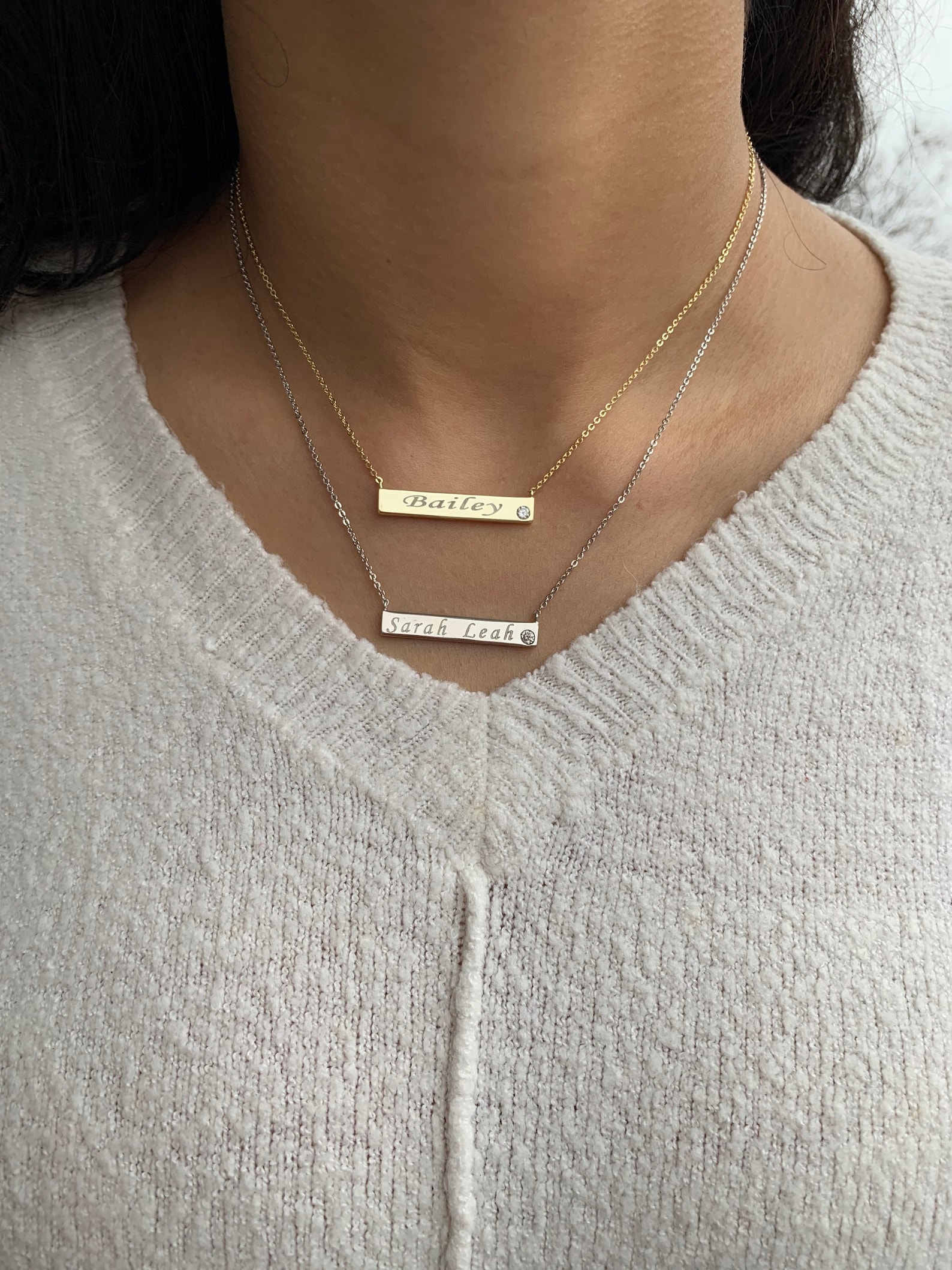 925 Solid Silver Bar Pendant Horizontal CZ Chain Name Plate - Etsy