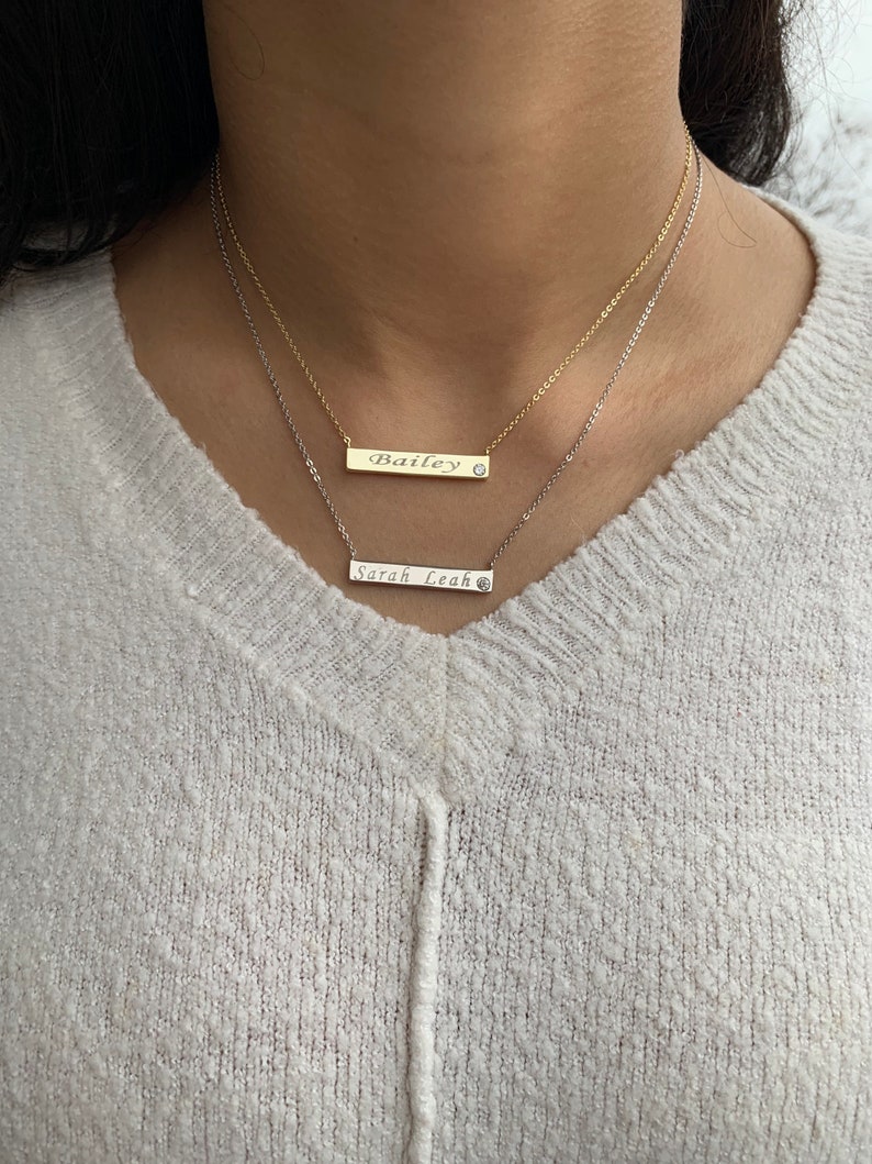 925 Solid Silver Bar Pendant Horizontal CZ Chain Name Plate - Etsy