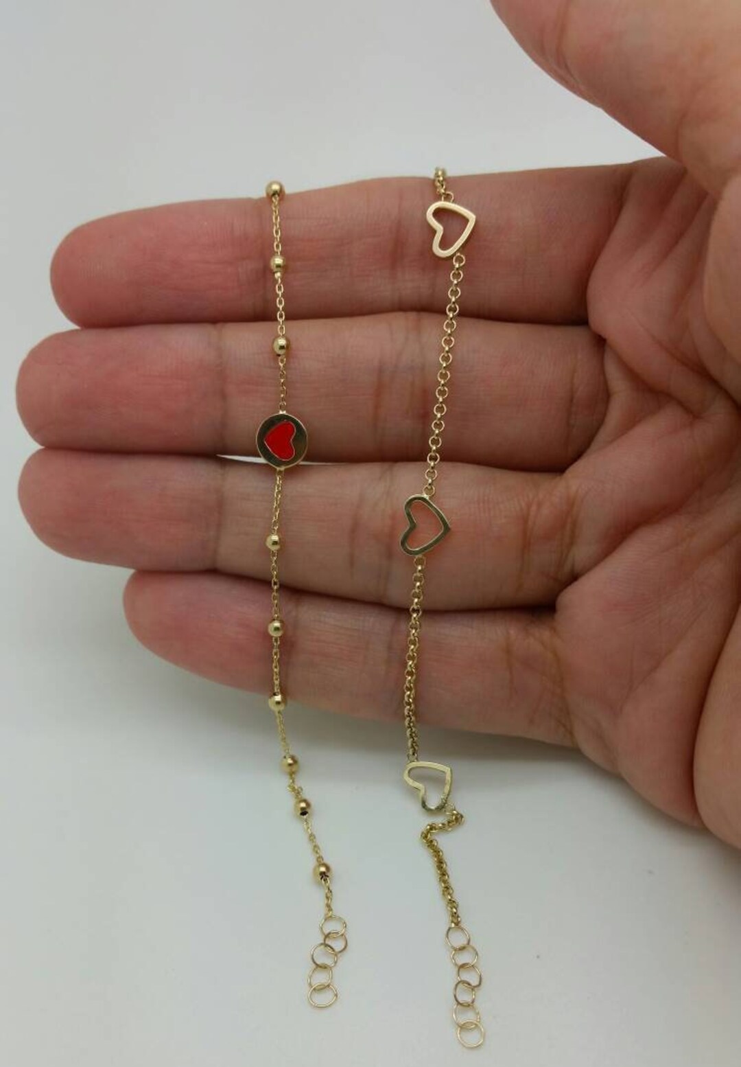 14k Solid Yellow Gold Stationed Heart Love Beads Chain Bracelet Child ...