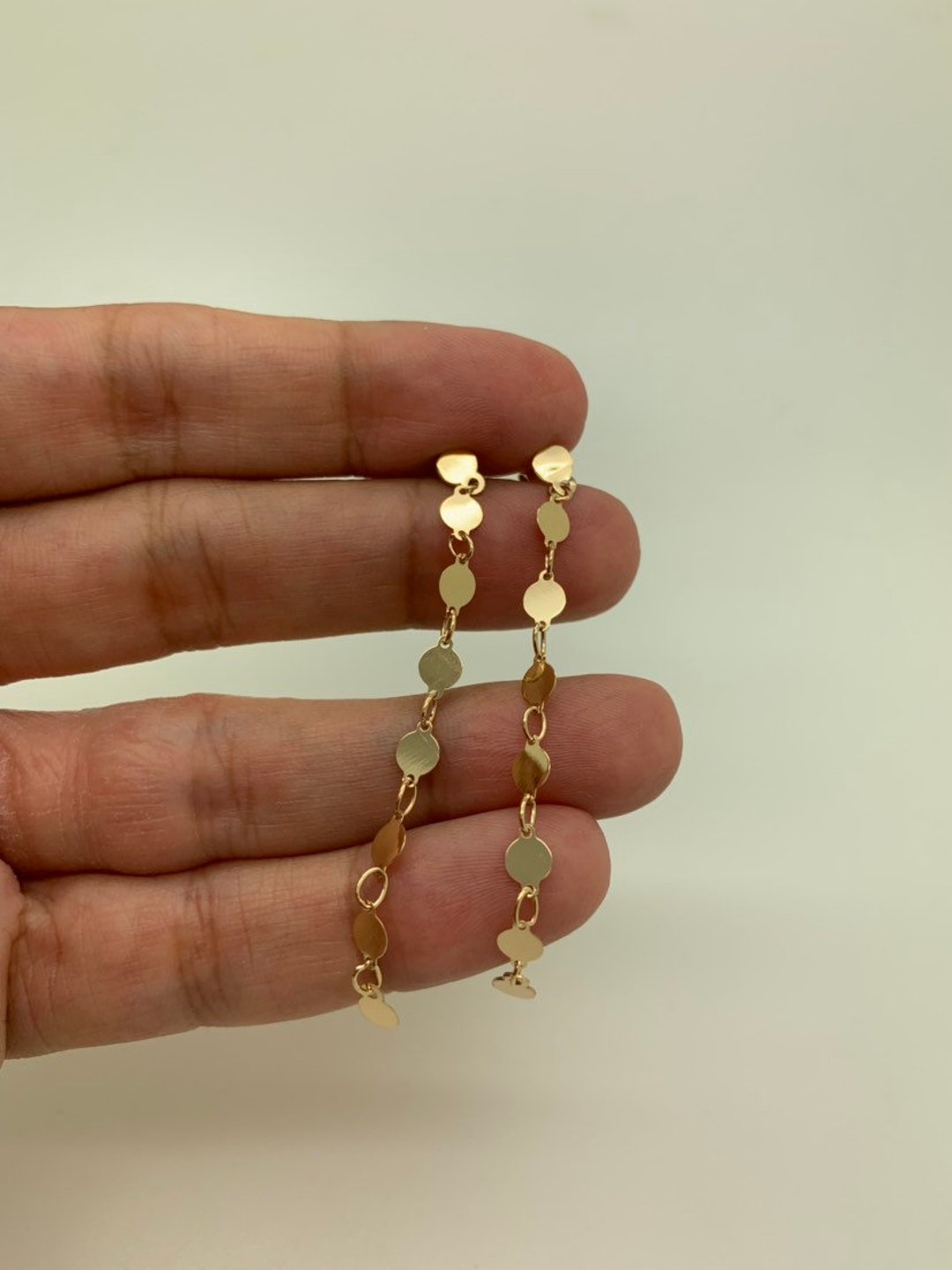 14k Solid Yellow Gold Single Strand Drop Earrings, Dangle Earrings ...