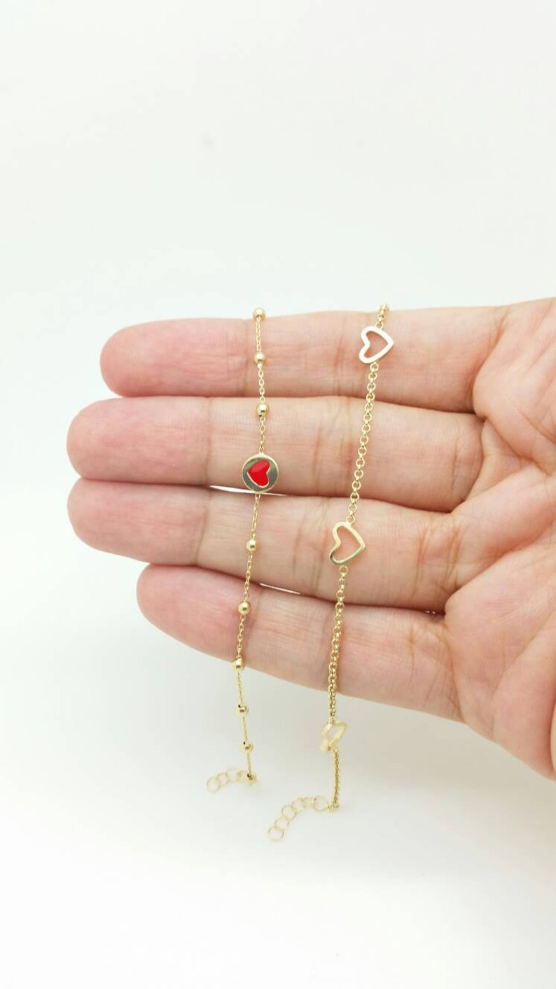 14k Solid Yellow Gold Stationed Heart Love Beads Chain Bracelet Child ...