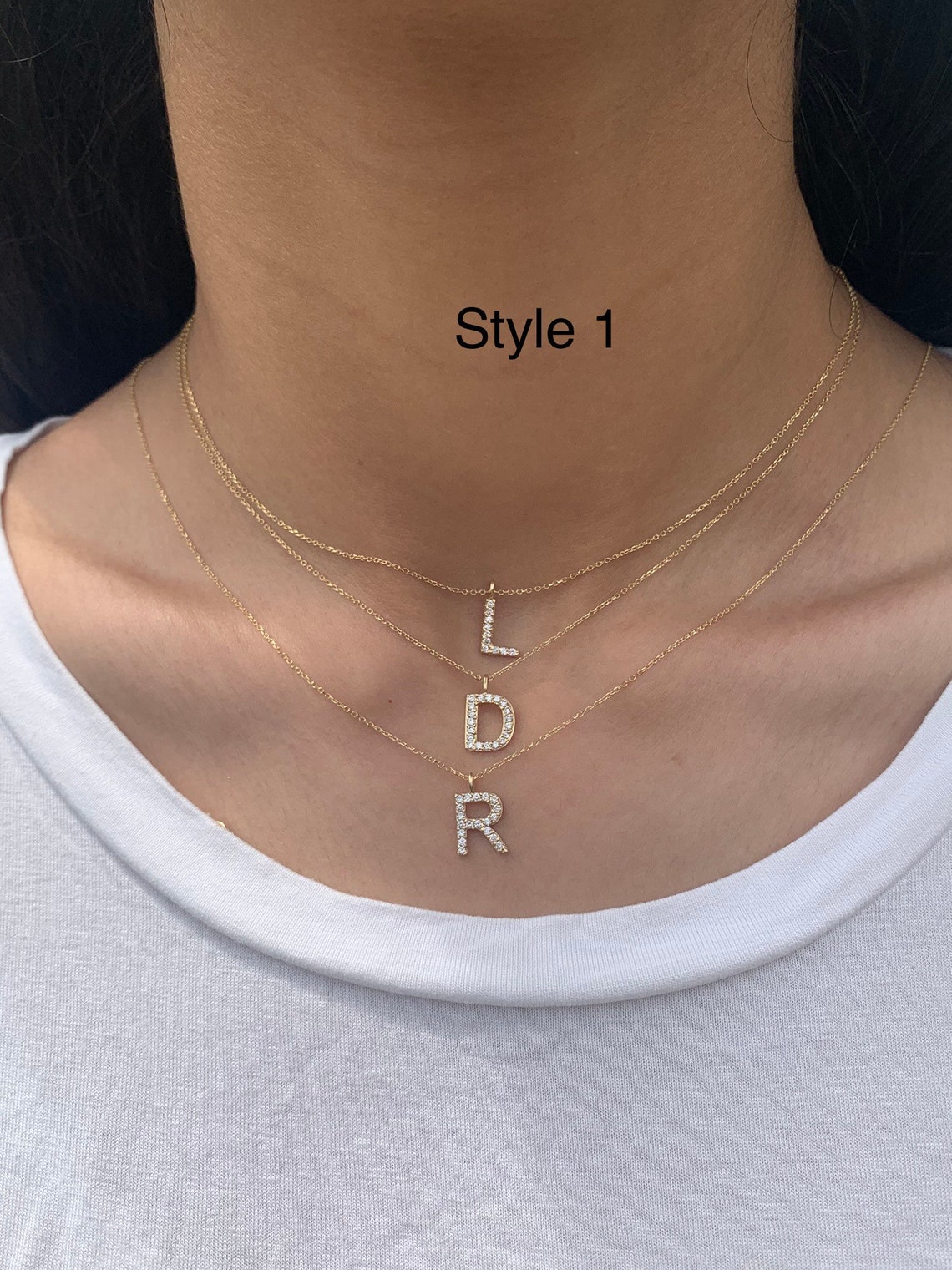 14k Solid Gold Design Initial Necklace, Diamond Cut Dainty Initial ...